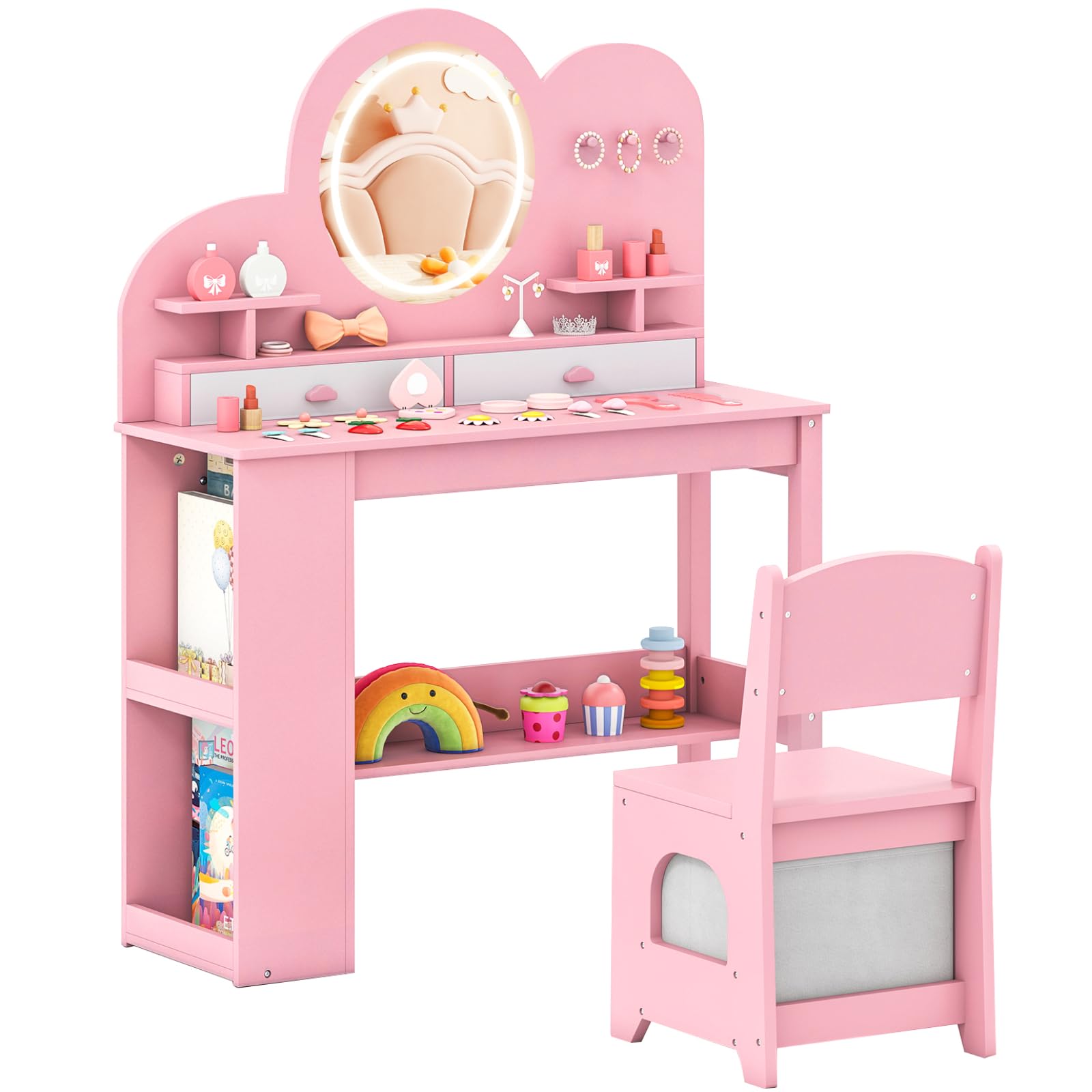 Kids Vanity with Lights Princess Vanity Table and Chair Set with 2 Dra ...