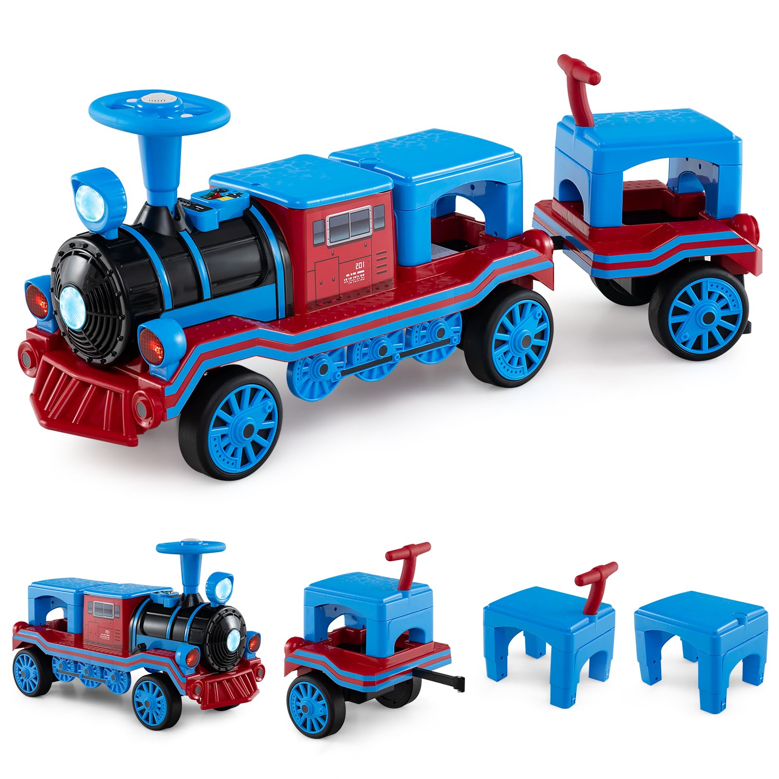 3-Seater Ride on Train Set Trackless with 2 Removable Chairs and Train ...